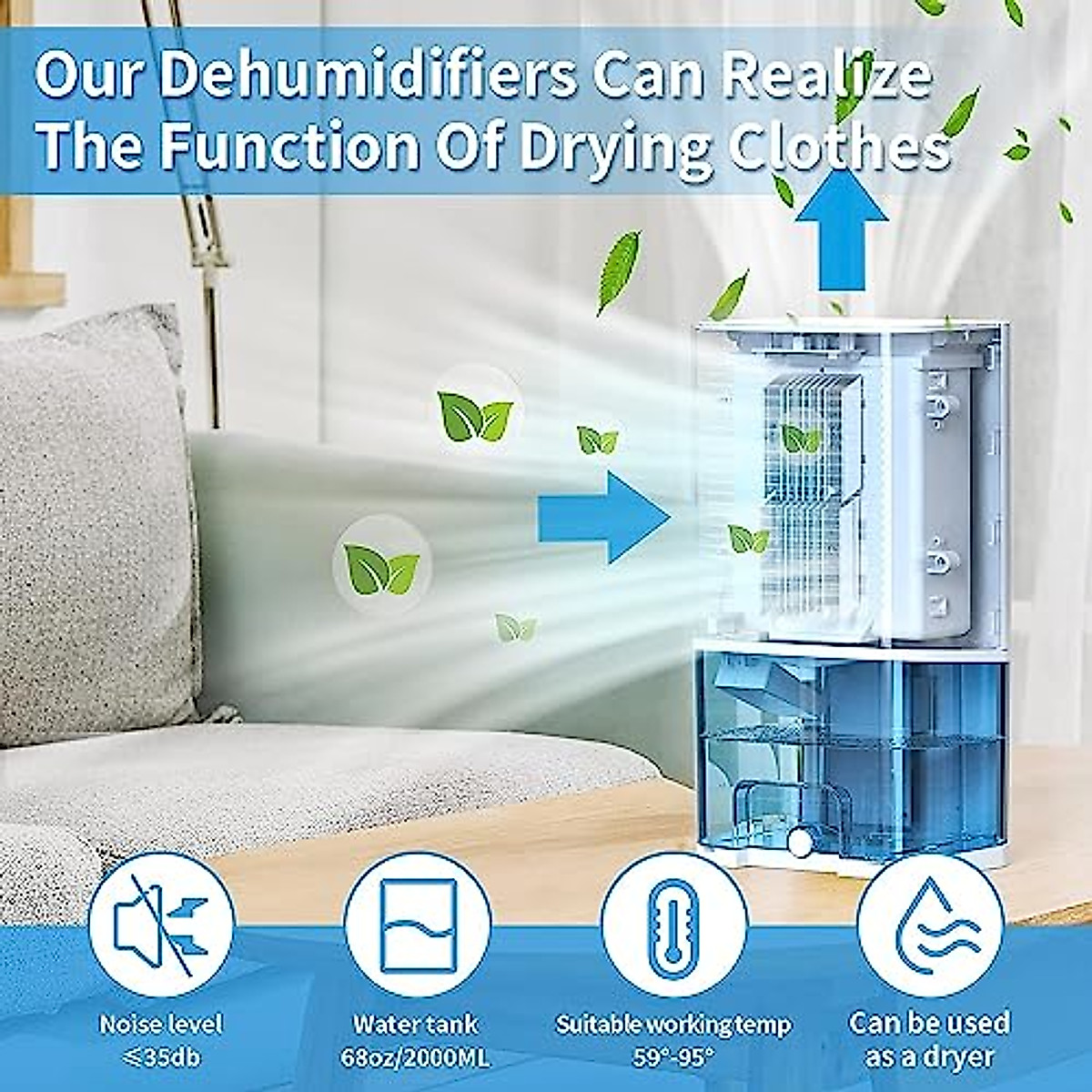 DDVIVAL 68oz Dehumidifier with Drain Hose, 800 sq. Ft Quiet Dehumidifier With Drain Hose & Auto Shut Off, Small Dehumidifiers for Room Bedroom Bathroom Basements Closet RV Kitchen