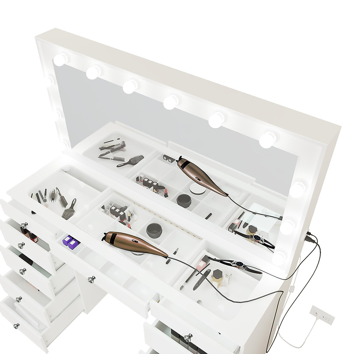 Boahaus Orla Extra Large Makeup Vanity Desk with Lights Built-in, Power Outlet, 11 Drawers, Hollywood Vanity Mirror, Glass Top Vanity, Crystal Knobs, White Big Vanity, 61.02''Hx56.3''Wx20.08''D