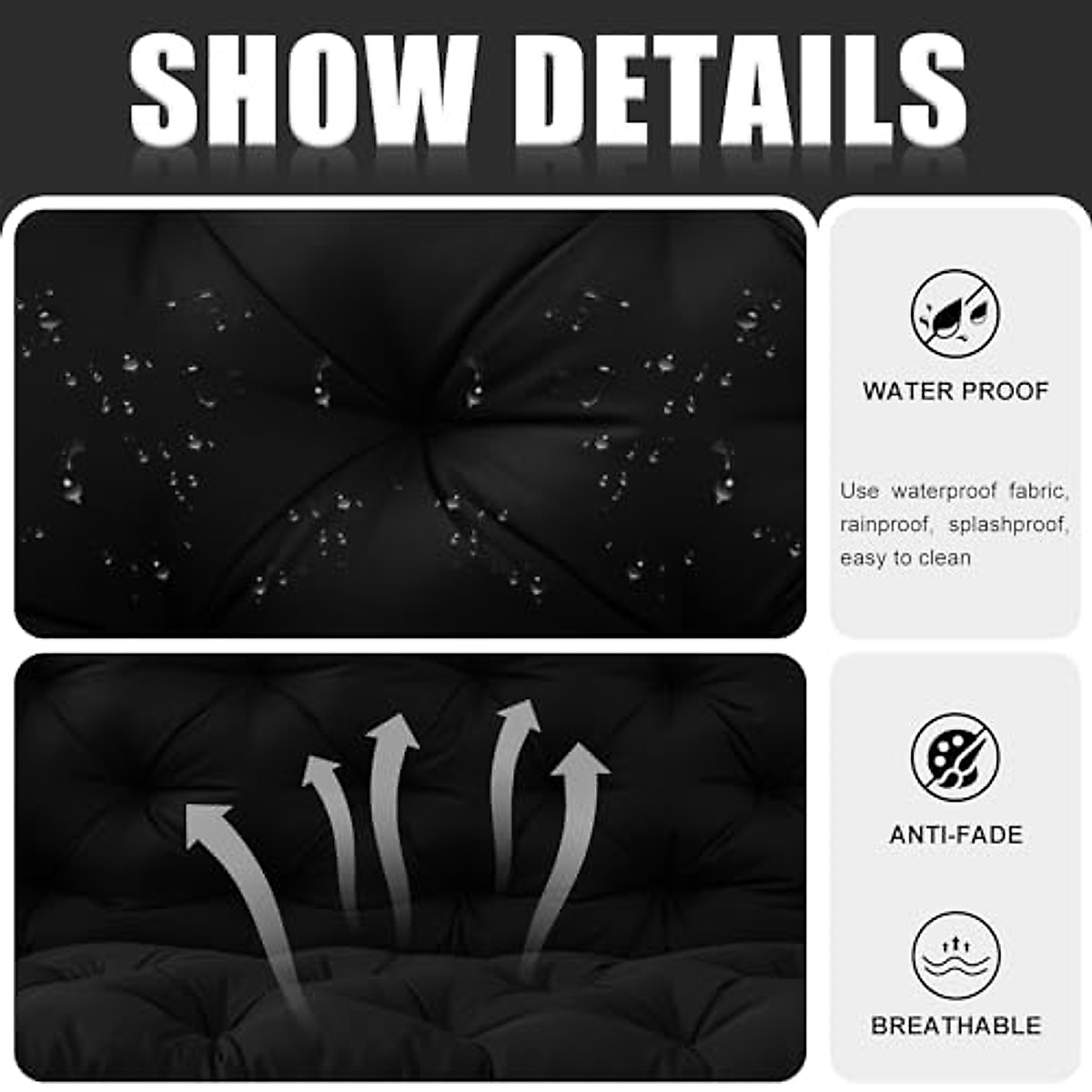 Boaisdus Swing Cushions 3 Seater Replacement Waterproof Porch Swing Cushions with Backrest and 8 Ties Thicken 4" Bench Cushion Replacement Patio Swing Cushion for Outdoor Furniture(Black 60x40in)