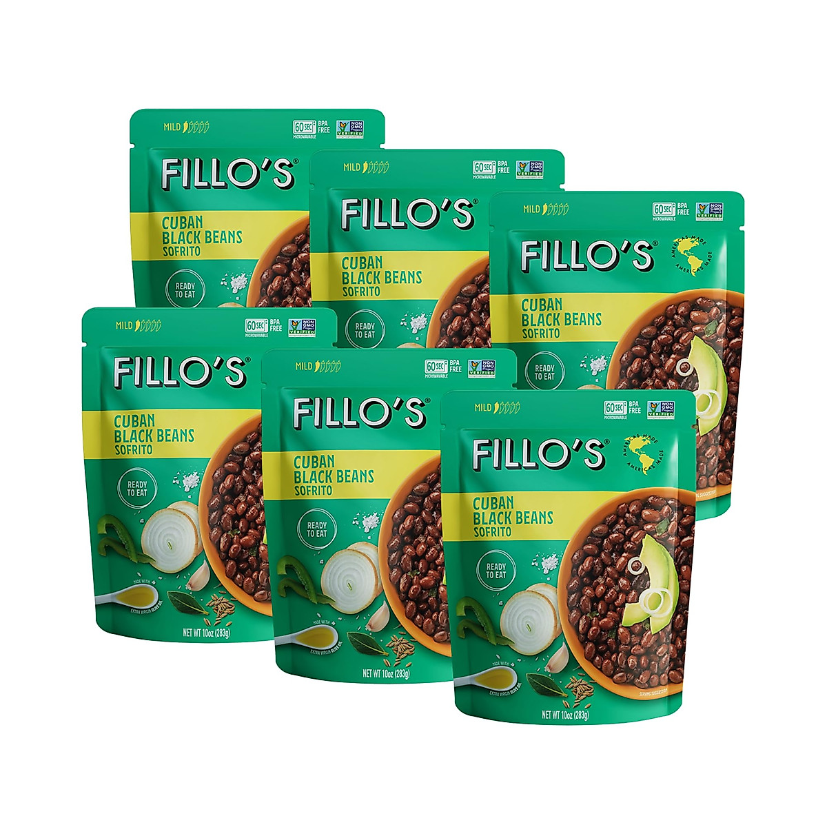 Fillo's Cuban Black Beans - Ready to Eat Beans, Gluten-Free, Preservative-Free, Microwavable Meals, Non-GMO, Plant Protein, Vegan Beans, 10 oz Pk of 6
