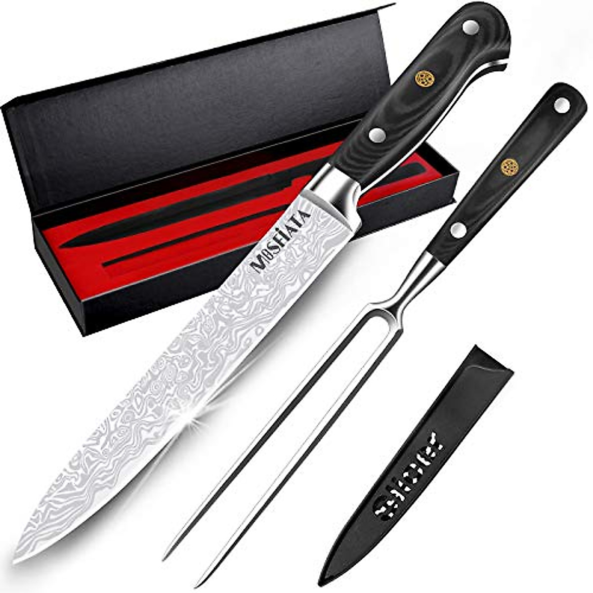 MOSFiATA 8" Carving Knife and 7" Fork Set Brisket Slicing Knife Premium Meat Cutting Knife German High Carbon Stainless Steel EN.4116 BBQ knives for Slicing Meats, Fruits and Vegetables