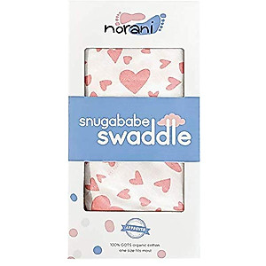 Norani Baby Snugababe Swaddle | Organic Cotton | Patented Newborn Baby Swaddle Blanket with Arm Inserts and Fastener | Pink Hearts
