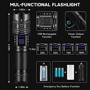 Rechargeable Flashlights High Lumens, 950000LM Powerful Tactical Flashlights, 5 Modes LED Flashlight Adjustable, Brightest Flashlight Waterproof, Handheld Flash light for Emergencies, Camping, Hiking