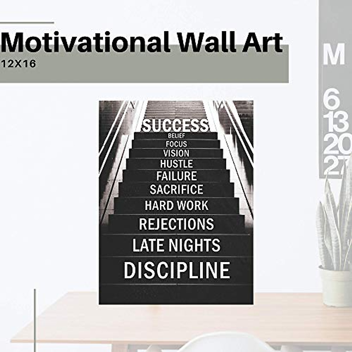 Motivational Wall Art Decor with Hanger - Inspirational Growth Positive Mindset Quotes - Office Decor Artwork Inspiring Success Affirmations - Money Hustle Pictures (Success Stairs) | 12''x16''