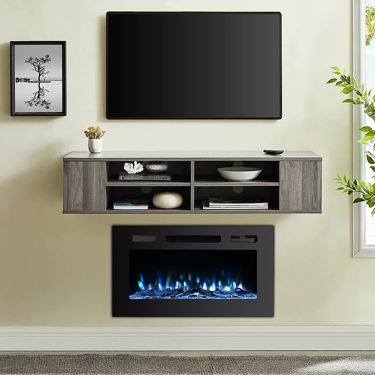 30 Inch Freestanding Electric Fireplace Inserts, Quiet Wall Mounted Fireplace, Led Fireplace for Living Room, Recessed Electric Fireplace, Linear Fireplace, Logs & Crystal, 750/1500W