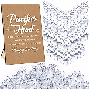 Thyle 51 Pcs Pacifier Hunt Baby Shower Games Include Hunt Sign and 50 Acrylic Pacifiers for Baby Shower Game Decoration Gift Sets Gender Reveal Party Decor(Kraft)