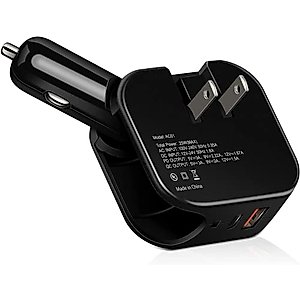 Car Charger, Elepower 2 in 1 Car and Wall Charger Dual Port USB & Type C Foldable Plug 25W Power Adapter for iPhone 14 13 12Pro Max/XR/ 8 7, iPad Pro 12.9 11 10.2/Air 4 /Mini, Galaxy GPS LG- Black