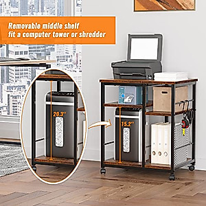 Furologee Computer Desk and Printer Stand, Desk with Power Outlets, 47" Office Desk with 2 Monitor Stands and Fabric File Cabinet, 3 Tier Printer Table with Wheels and 2 Hooks, for Home Office