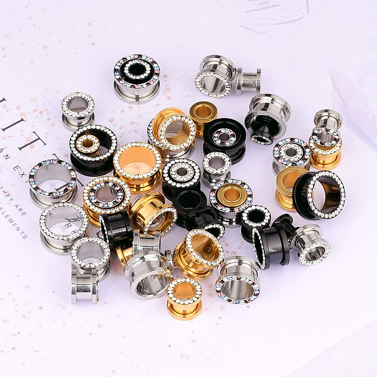 Stuppendux 4Pairs Stainless Steel with Zircon Double Flared Ear Gauges Tunnels Plugs Flesh Expander Earrings Body Piercing Jewelry Set for Women Men 5/8" 16mm