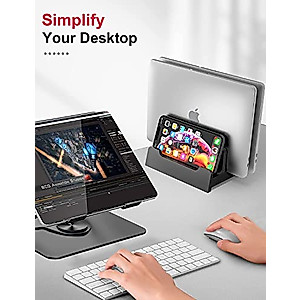 Vertical Laptop Stand with USB Hub, Plastic Dual-Slot Laptop Holder Adjustable Dock Size, Laptop Docking Station with 1 USB-C and 4 USB-A Ports, for All MacBook/Surface/HP/Dell/iPad Up to 17.3 inches