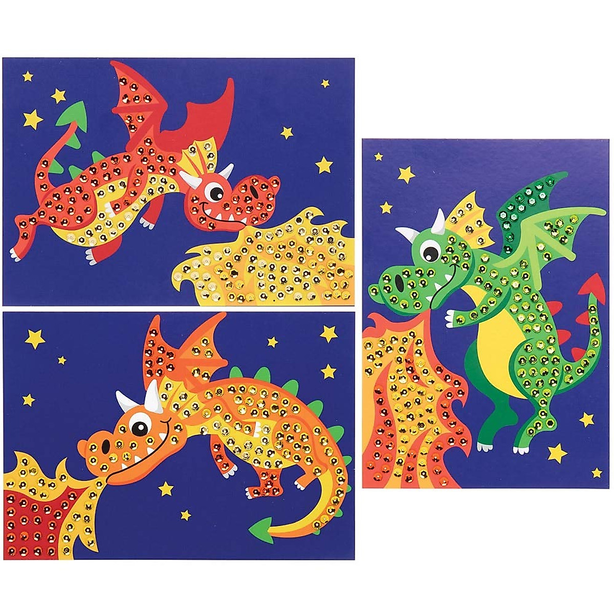 Baker Ross AT748 Dragon Sequin Picture Kits, for Kids Arts and Crafts Projects (Pack of 4), Assorted