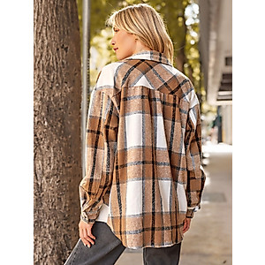 AUTOMET Womens Fall Outfits Fashion Clothes Tops Oversized Flannel Jackets Shirts Button Down Long Sleeve Shacket Blouse 2024 Apricot