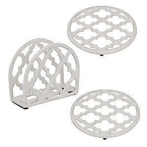 Cast Iron Kitchen Pantry Ware Bundle (3-Piece Set) White | Includes Napkin Holder, 2 Trivets for Hot Pots and Pans | Lattice Collection | by Home Basics