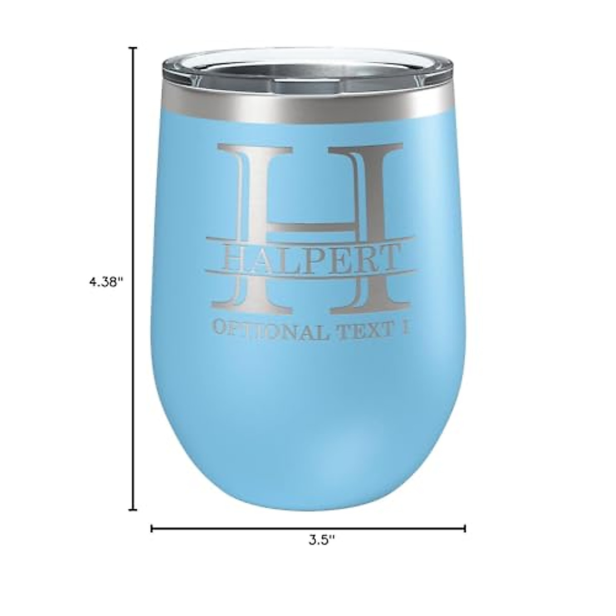 Personalized 12oz (17 Colors) Powder Coated Stainless Steel Stemless Wine Tumbler with Lid, Custom Etched, Customized Gift for Women Her, Wine Lover, Halpert Monogram Initial Name (Light Blue)