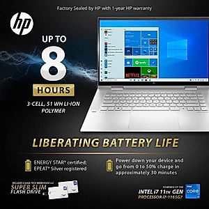 HP Envy 15T x360 Laptop i7-1165G7 11th Gen, 16 GB RAM, 1 TB SSD, 15.6" FHD Touch, Nvidia MX450 2GB, Tilt Pen, B&O Speakers, USB C, HDMI, Win 11 Pro, Silver, 64 GB Tech Warehouse Flash Drive