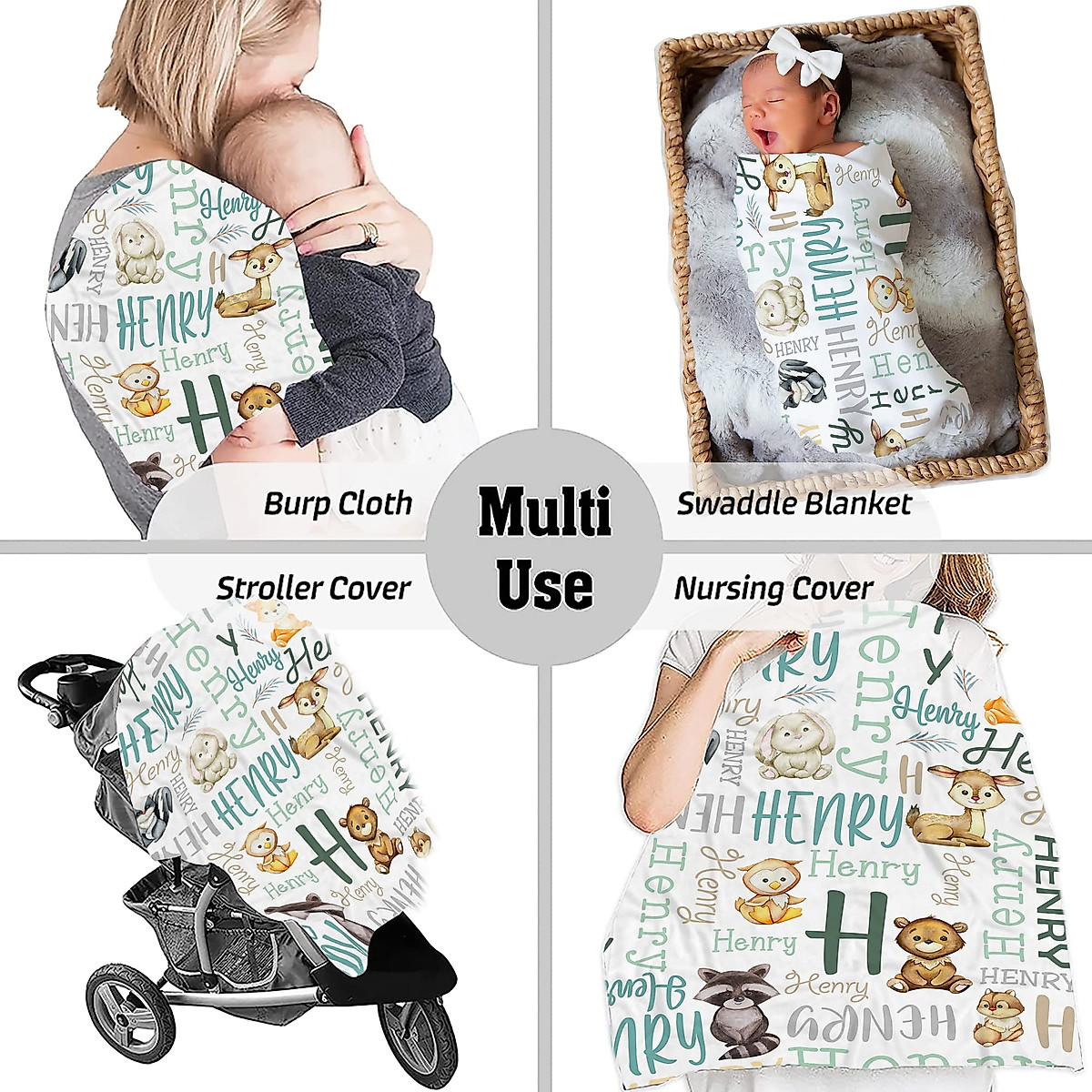 ENCYCOM Personalized Woodland Monogram Animal Blanket with Name, Woodland Nursery Blanket, Woodland Fleece Blanket, Blanket with Animal Lover, Green Blanket for Boy