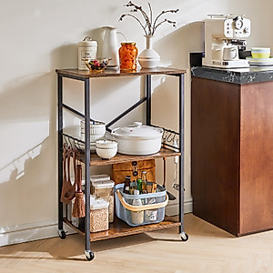 IBUYKE Kitchen Shelf Cart, 3-Tier Microwave Oven Stand, Baker’s Rack with Metal Frame and 8 Hooks, Industrial Printer Stand, Utility Standing Storage Shelf for Coffee Bar, Simple Assembly, TMJ023H