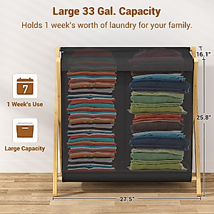 2-Section Extra Large Laundry Hamper with Lid, 125L (33 Gal) Divided Dirty Clothes Laundry Basket with Bamboo Frame, Double Hampers Organizer for Laundry Room, Bathroom, Bedroom, Black
