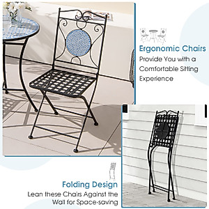 Tangkula 3 Pieces Patio Bistro Set, Outdoor Garden Furniture Set with Mosaic Round Table and 2 Folding Chairs, Outdoor Bistro Set for Porch, Terrace, Balcony