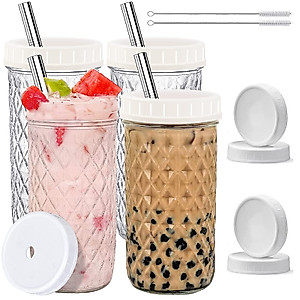 Boba Cup,Reusable Bubble Tea Cup,Glass Cups Set,4 PCS Mason Jar Cups with Lids and Straws& 4 Airtight Lids,22oz Diamond Texture Wide Mouth Iced Coffee Tumbler,Reusable Smoothie Cups,Smoothie, gift
