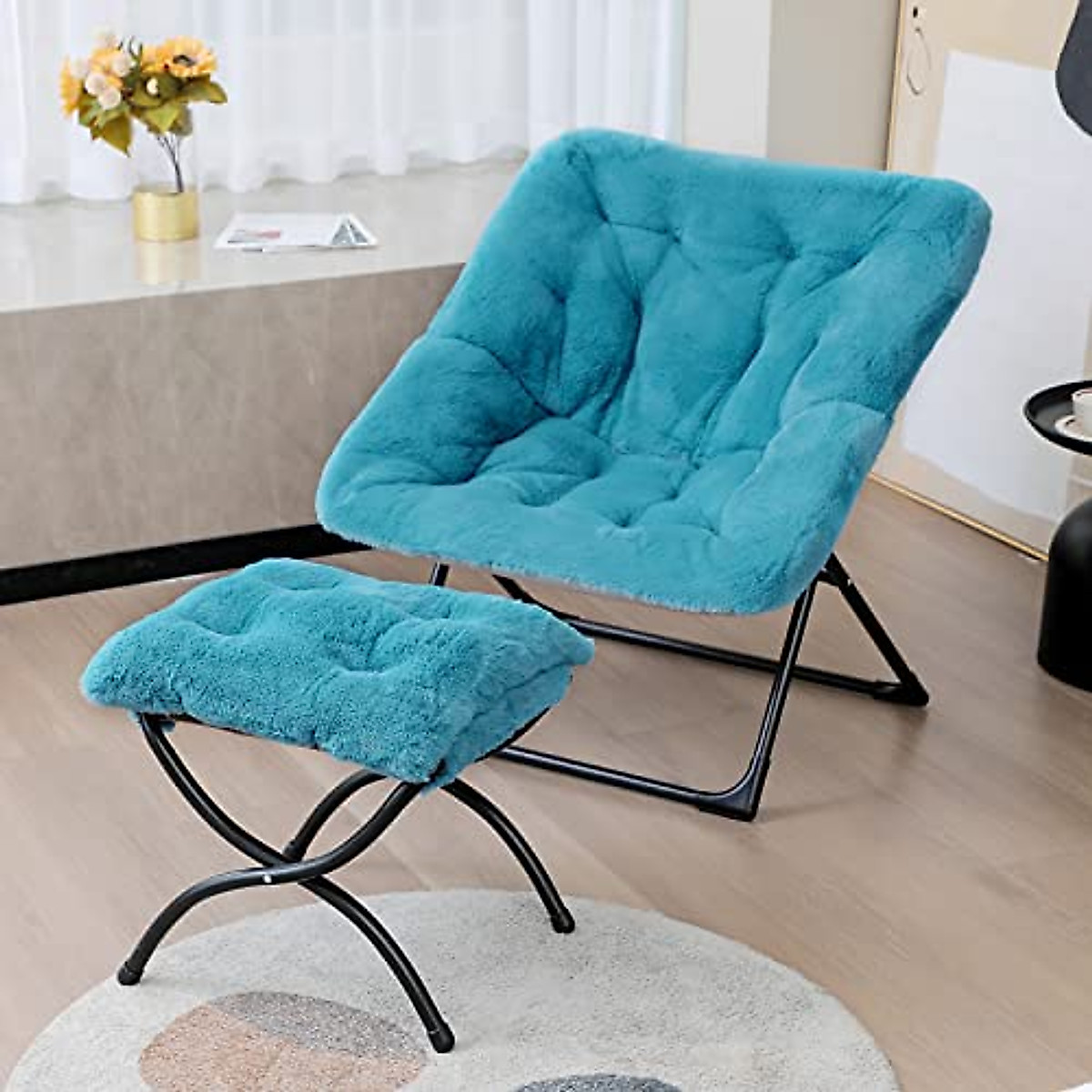 WELL-STRONG Folding Living Room Chair with Ottoman - Faux Fur Foldable Bedroom Chair and Foot Rest Set with Metal Frame Lounge Chair and Foot Stool Set for Men, Women Blue