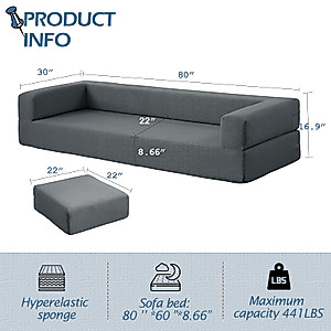 Uoobmope Convertible Floor Sofa Bed, Foldable Sofa Couch with 3 Ottomans, Memory Foam Fold Out Sleeper, Folding Mattress Futon Sofa Bed for Living Room/Bedroom/Studio-Dark Grey
