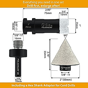 Diamond Core Drill Bits 1 Inch and Beveling Chamfer Bits 2 Inch Kit Vacuum Brazed Hole Saw with 5/8-11 Thread Plus 3/8 Inch Hex Shank Adapter (Set-1 with 1" (25mm) Diamond Drill Bit)