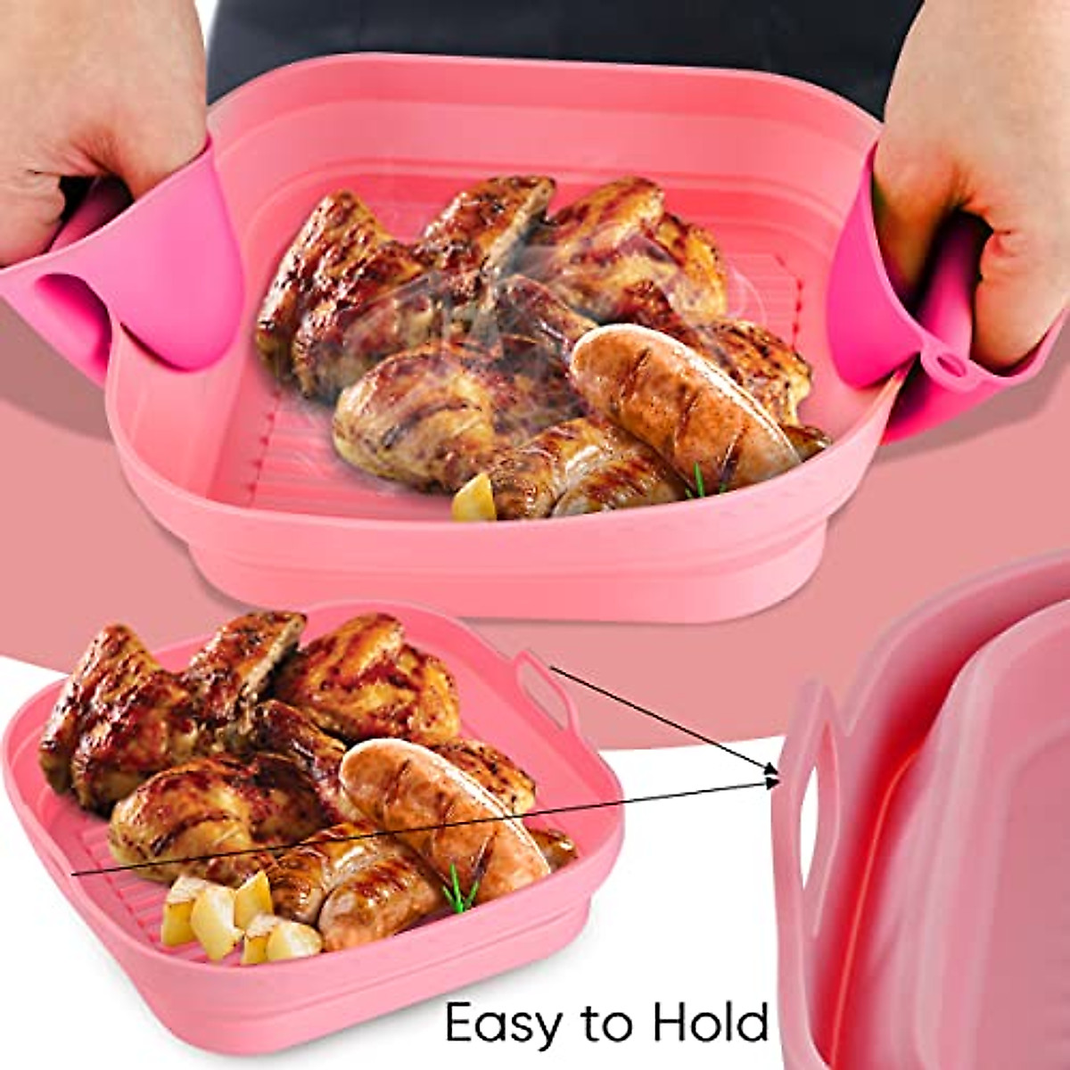 2 Pack Air Fryer Silicone Liners Square Reusable，8.2 Inch Foldable Food Safe Air Fryer Silicone Pot, Non Stick Air Fryer Accessories for Oven , Fits 4 to 7 QT Air Fryer Basket, With Heat-proof Gloves