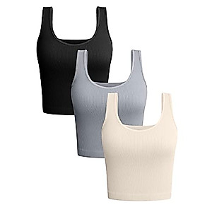 OQQ Women's 3 Piece Tank Shirt Ribbed Seamless Workout Exercise Yoga Sleeveless Crop, Black Grey Beige, Large