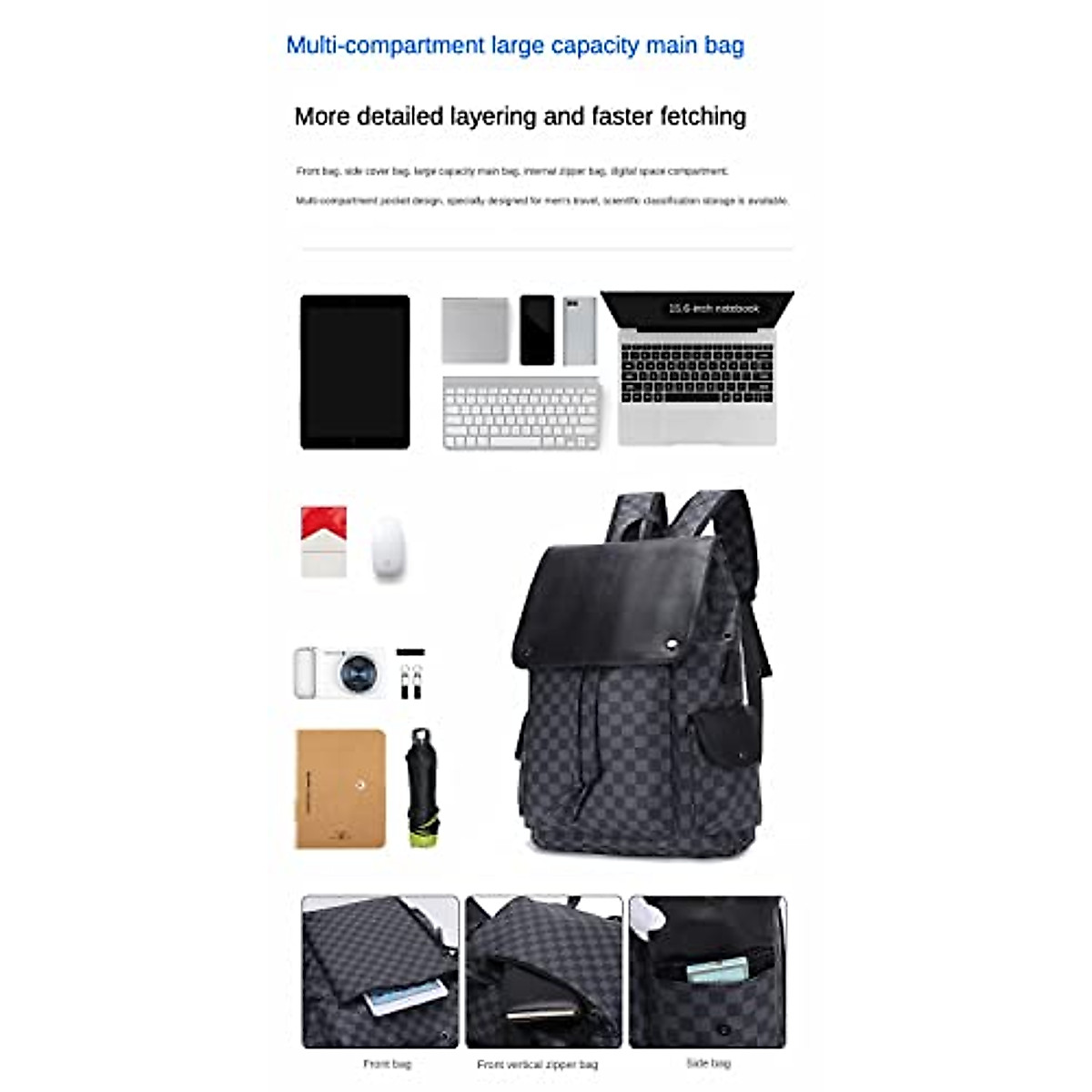 Classic PU Leather Laptop Backpack Unisex For Adult Youth Travel Leisure Fashion Bag Drawstring Gray Grid Backpack (Black)