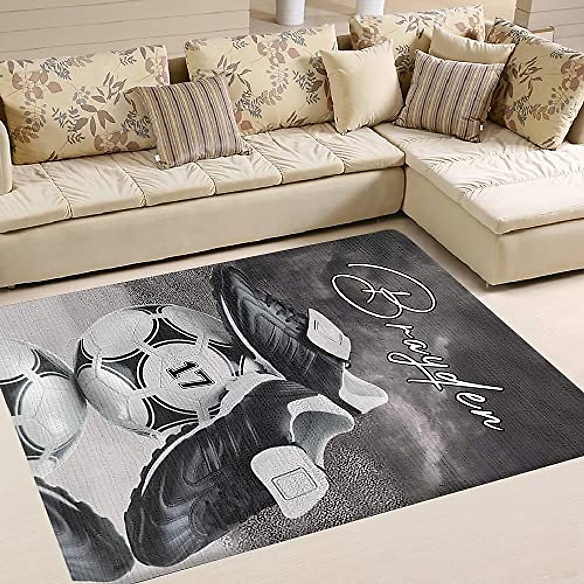 Custom Soccer Shoe and Ball Rug - Soccer Carpet, Soccer Gift 2X3 3X5 4X6 5X8 Area Rug Gifts for Soccer Lovers Printed Carpet for Kitchen Living Room Bedroom Sports Room Decor