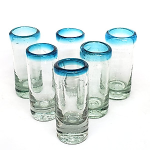 MexHandcraft Aqua Blue Rim 2 oz Tequila Shot Glasses (set of 6), Recycled Glass, Lead-free, Toxin-Free (Shot)