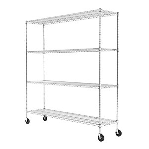 SafeRacks - NSF Certified Storage Shelves, Zinc, Heavy Duty Steel Wire Unit with Wheels and Adjustable Feet, Garage or Bakers Rack, Kitchen, Pantry Shelf - (18"x72"x72" 4-Tier) (Silver)