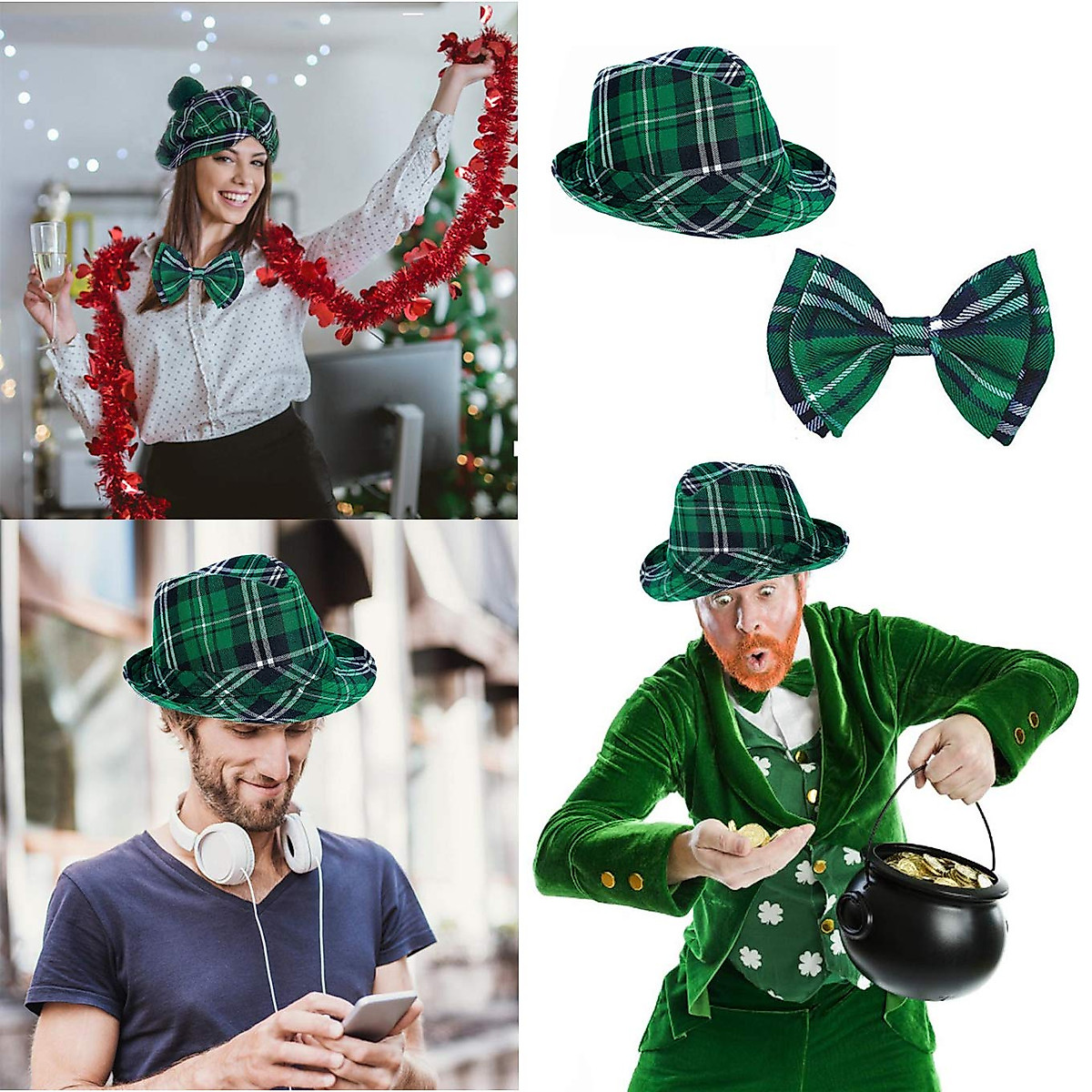 ANIUHL St. Patrick's Day Plaid Fabric Fedora Hat and Bow Tie Set, Green Irish Cap Party Cosplay Costumes Accessory for Women Men