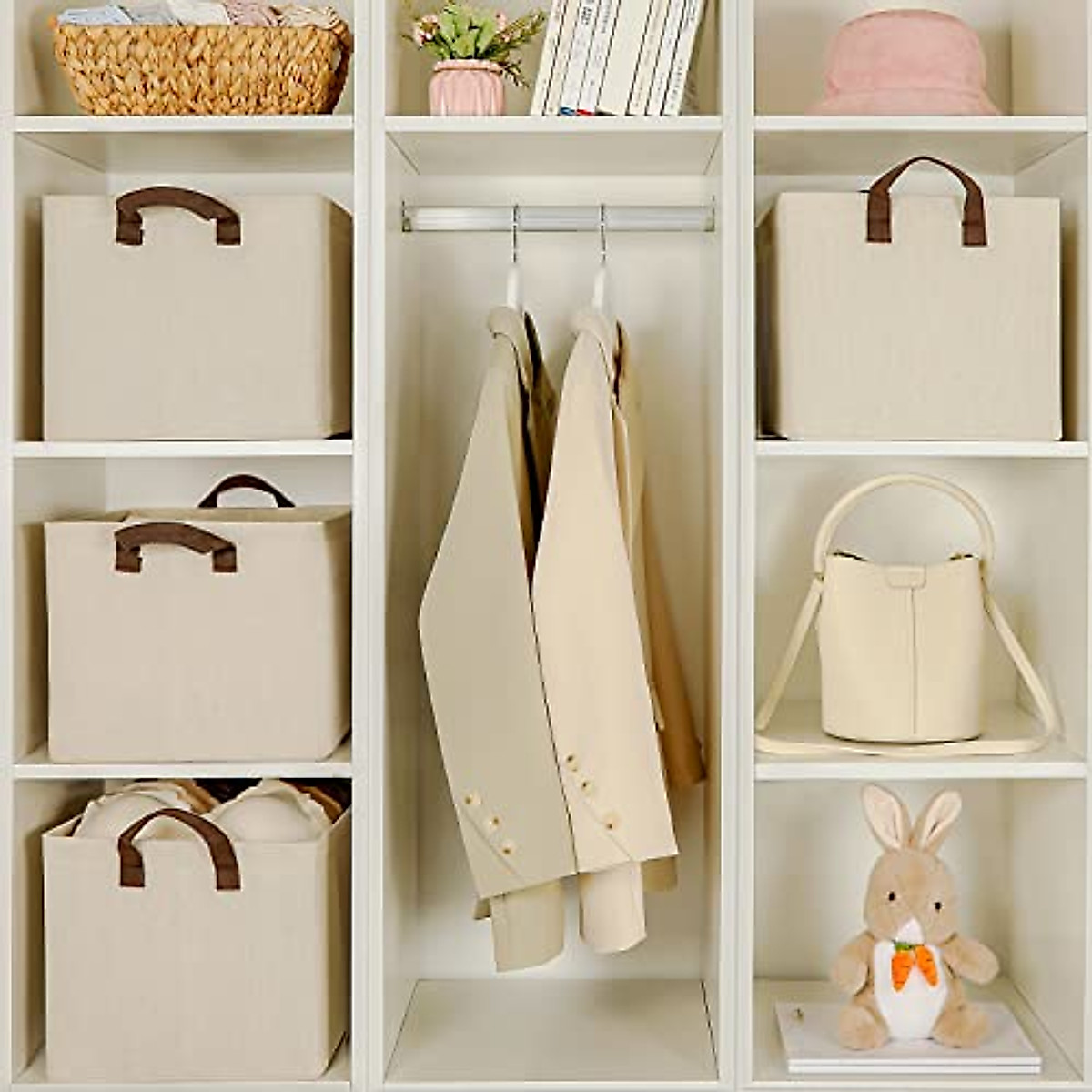 TOPIA HOME Storage Baskets for Shelves with Metal Frame, EXTRA LARGE, 2-Pack Closet Organizers and Storage Bins for Organization, Collapsible Rectangle Fabric Organizing Boxes, Beige, TP05Y
