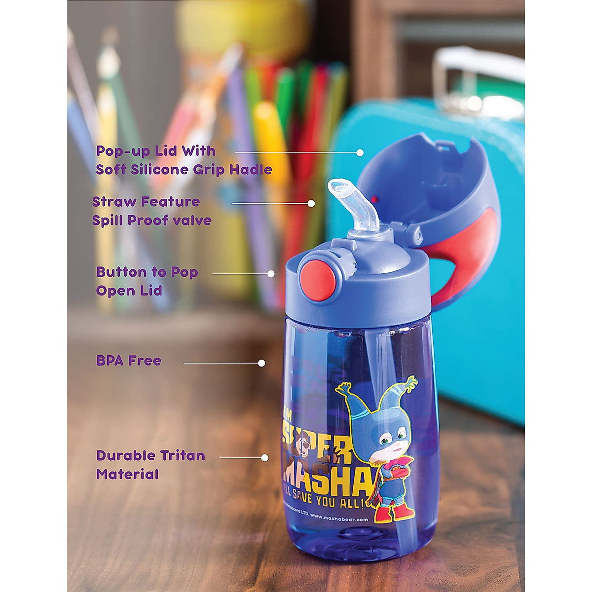 Masha and the Bear 14oz Kids Water Bottle With Straw - Spill Proof Straw Valve, Pop Button, BPA Free Water Bottle for Kids School - Featuring Soft Silicone Handle Grip - Children's Drinkware - Blue