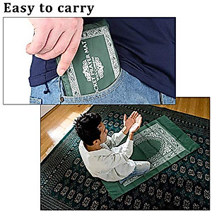 Hitopin 2 Pieces 60cm*100cm Travel Prayer Mat with Compass, Portable Polyester Prayer Rug, Islamic Waterproof Prayer Mat, for Ramadan Gifts, Islamic Prayer (Green, Black)