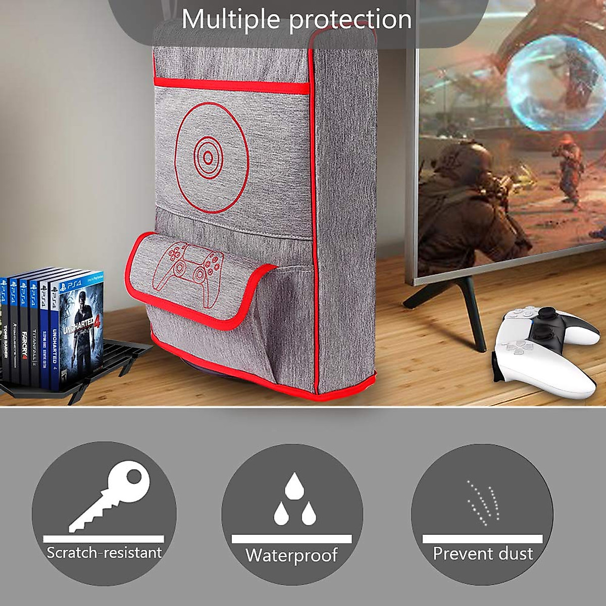 Eyglo Anti-Dust Cover for PS5 Sony PlayStation 5 Console Protective Cover Case -Anti Scratch and Waterproof, Support for PS5/Controllers/12 Game Discs (Red)