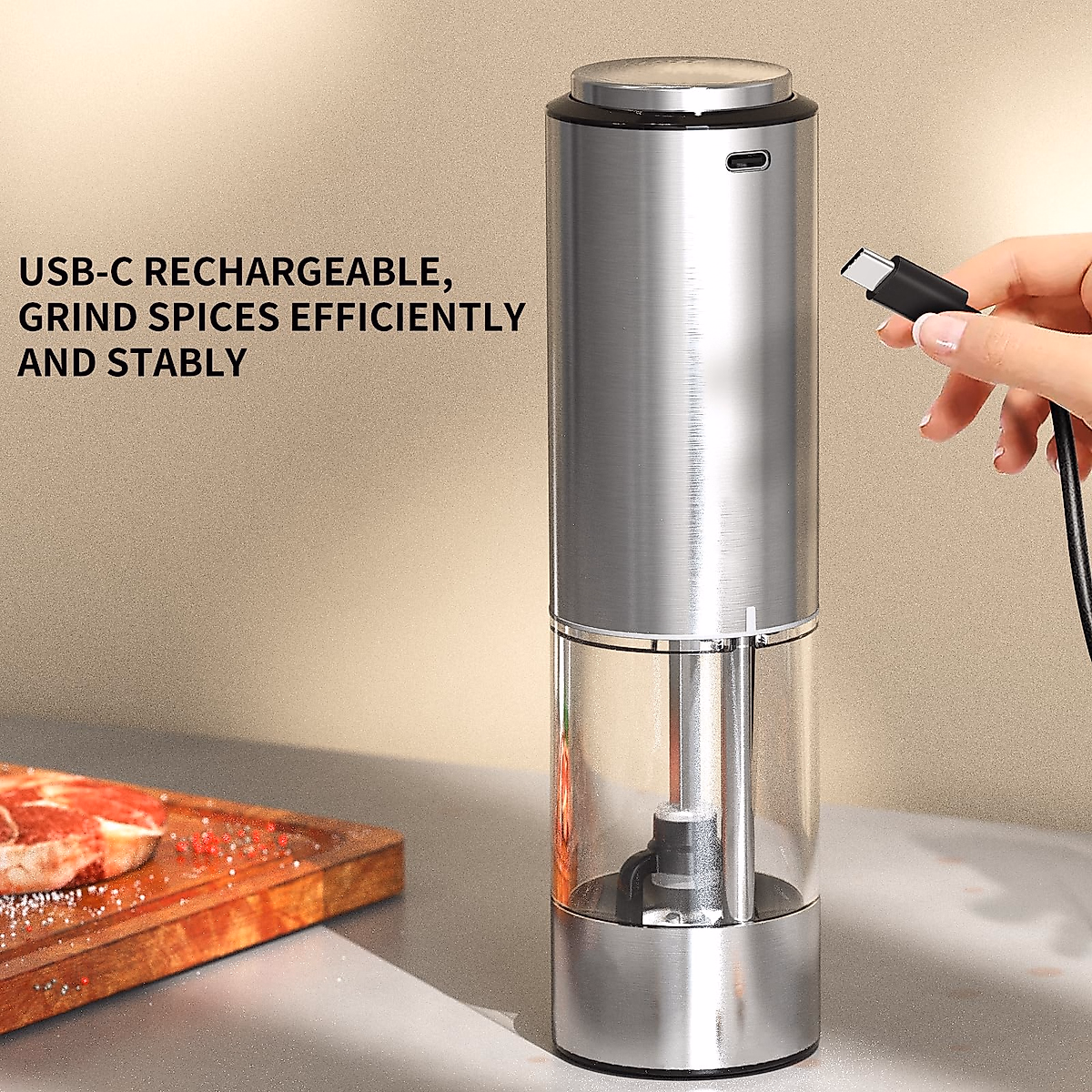 CIRCLE JOY Rechargeable Electric Salt and Pepper Grinder Set with Base, Stainless Steel Pepper Mills with Washable 95ml Container, White LED Light and Adjustable Coarseness, Silver