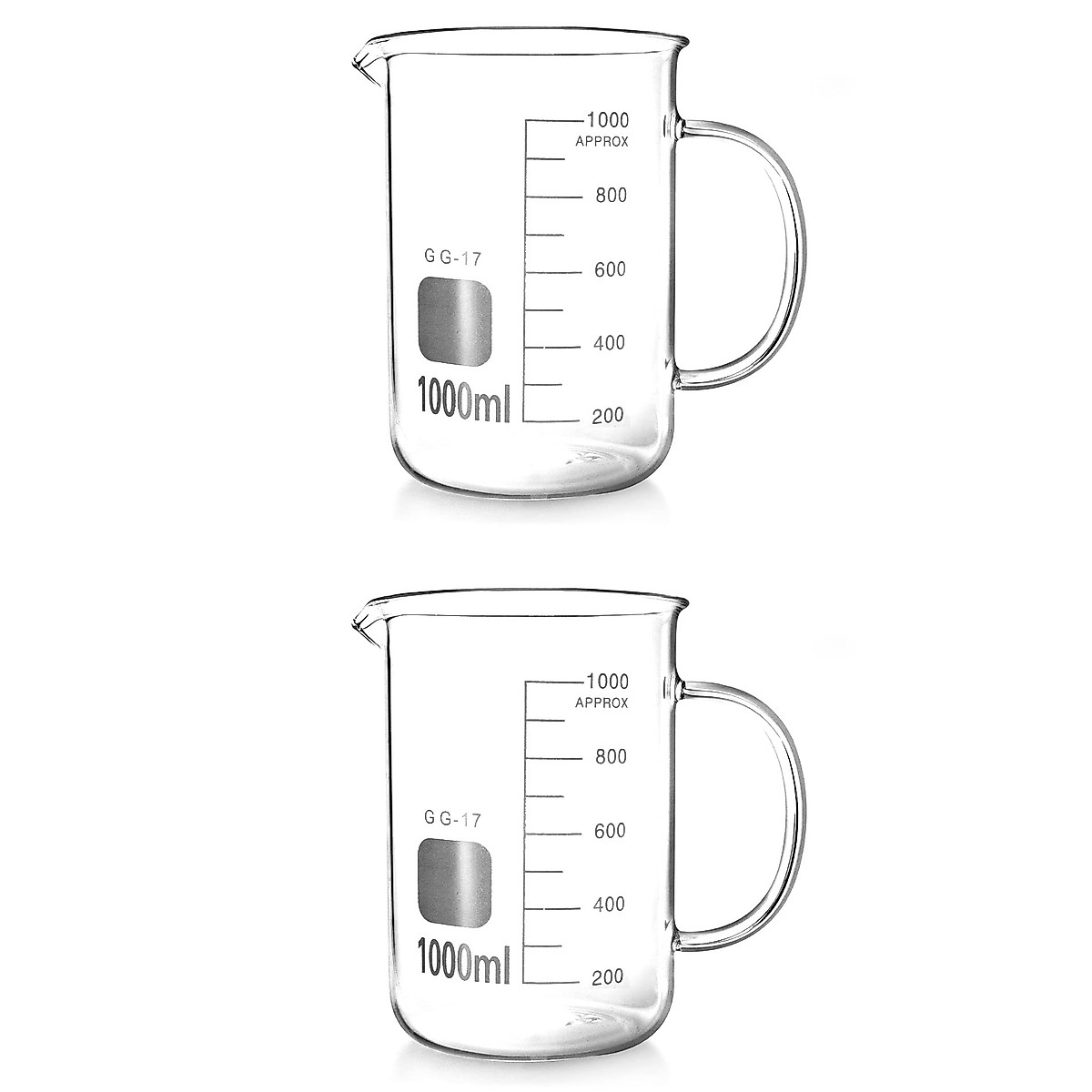 QWORK Beaker with Handle, 1000ml/33.81oz, Measuring Cup, Borosilicate Glass, Beaker Mug with Pouring Spout, 2 Pack