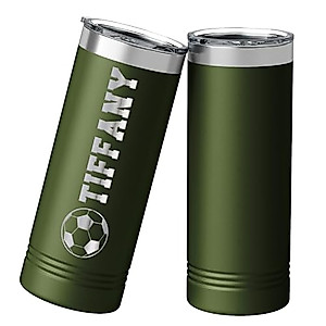 Personalized Soccer Ball Tumbler with Lid Laser Engraved on Army Green 22 oz Stainless Steel Insulated Cup Birthday Gift for Men, Women, Sports Lover