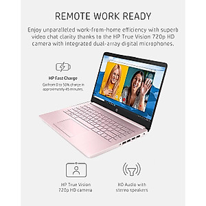 HP Premium 14-inch HD Thin and Light Laptop, Intel Quad-Core Processor, Long Battery Life, Webcam, Bluetooth, Wi-Fi, Portable SSD, Pink, Win 11 + 1 Year Microsoft 365 (16GB RAM | 320GB Storage)