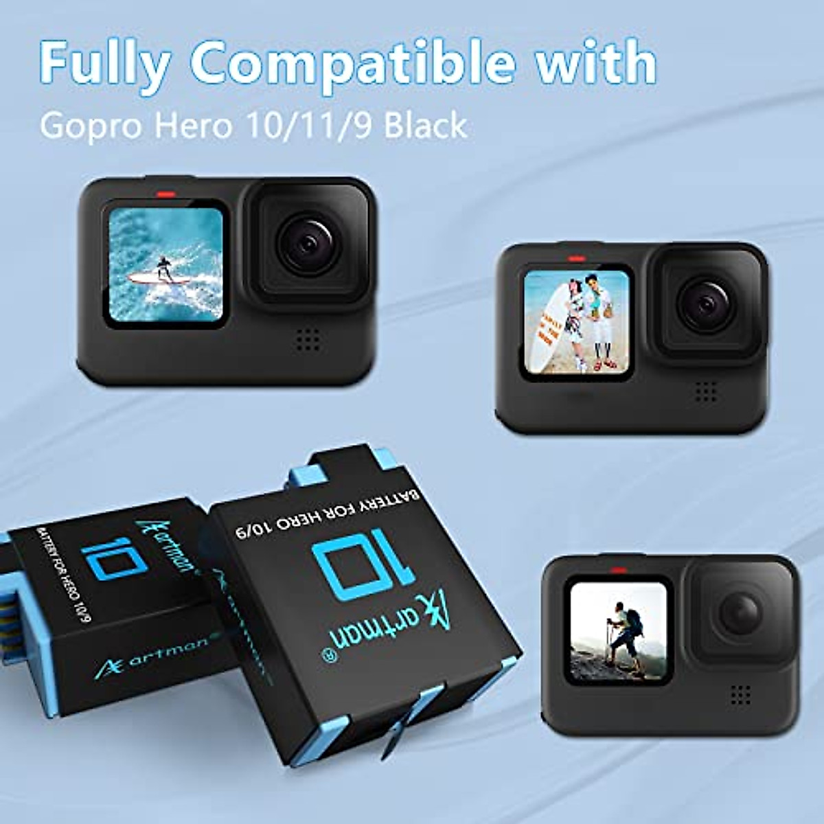 Artman Hero 10/11/9 Batteries 1800mAh(2-Pack)and 3-Channel USB Storage Quick Charger for Gopro Hero 11 Black, Hero 10 Black, Hero 9 Black, Fully Compatible with Gopro Hero 10 11 9 Battery and Charger