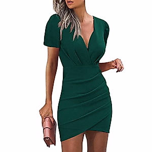 LYANER Women's Warp V Neck Ruched Short Sleeve Cocktail Bodycon T Shirt Mini Dress Dark Green Medium