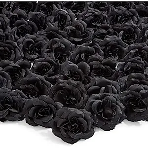 50 Pack Artificial Black Roses, 3 Inch Stemless Silk Flowers for Wall Decorations, Wedding Receptions, Faux Bouquets, Spring Decor, DIY Arts and Crafts Projects