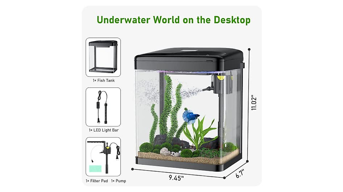 PONDON 2-Gallon Betta Fish Tank with Filter & Light - Compact Aquarium