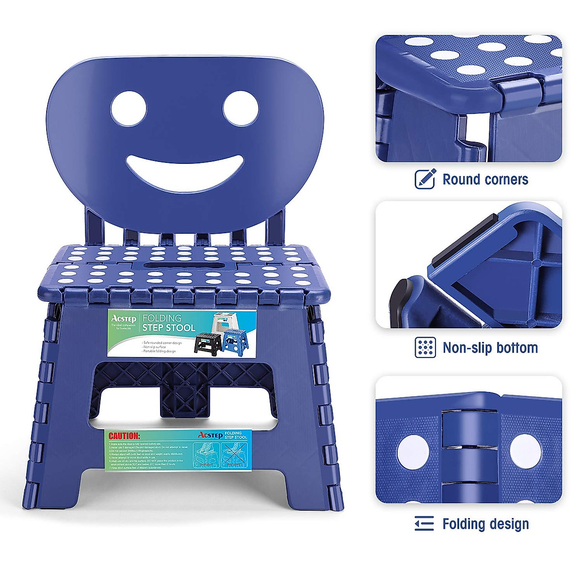 ACSTEP Folding Step Stool with Back Support for Kids,9" Kids Step Stool for Outdoor or Indoor Kitchen Step Stools and Bathroom Stool for Toddlers Boys Girls - Royal Blue