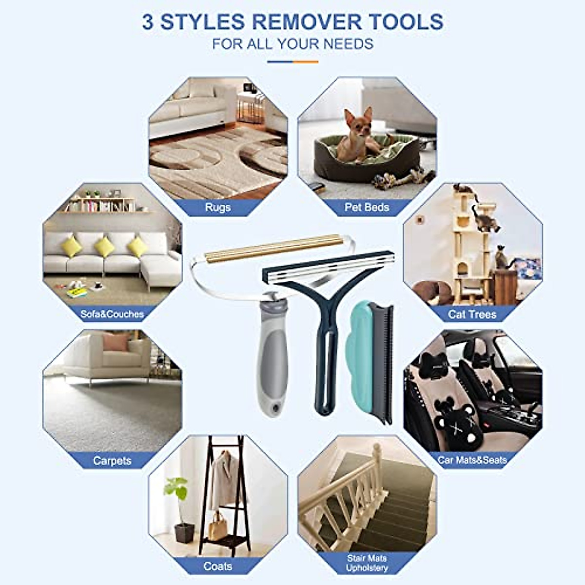 Eyyao Dog Hair Remover for Couch, 3PK Portable Dog Cat Hair Remover, Reusable Pet Hair Remover Carpet Scraper and Brush for Rug, Carpet, Blanket, Clothes, Car Mat, Pet Tower