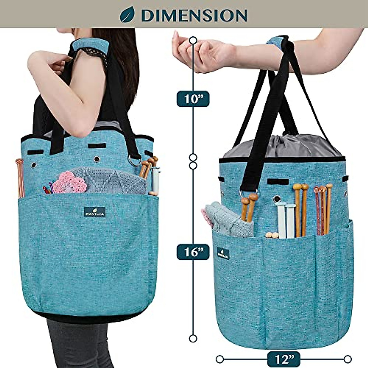 PAVILIA Knitting Bag Yarn Storage Tote - Crochet Organizer Bag, Yarn Storage Holder for Knitting Accessories, Yarn Skiens, Needles, Hooks, Unfinished Project, with Grommets (Turquoise Blue)