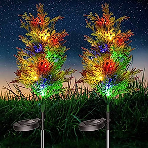 2PCs Solar Garden Lights Christmas Tree Outdoor Decorations, 2.4ft Small LED Solar Path Lights Multi-Color Flickering Solar Stake Yard Lights for Patio, Courtyard, Lawn Xmas Ornaments, IP65 Waterproof